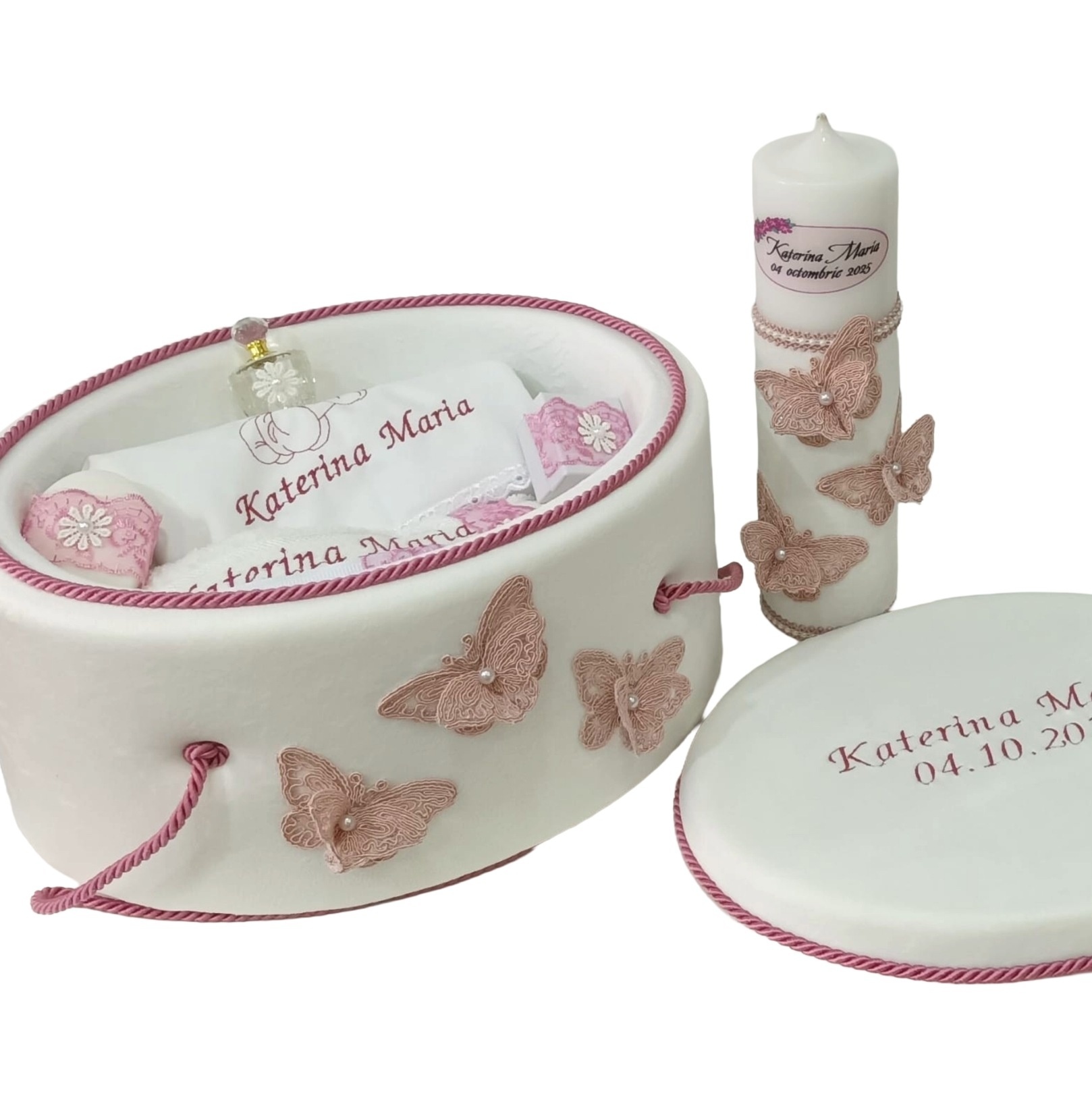 Set Botez Complet Personalizat Fluturi Roz prafuit • Livrare 5-7 zile